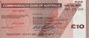 Banknote: 10 Dollar (Australia(Travellers Cheques) Col:AUS-TC-CBA-PS-10