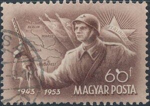 Stamp: Battle of Stalingrad: Soviet infantryman, map and flag (Hungary ...