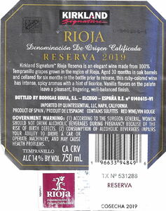 Drink Label: Kirkland Signature Rioja Reserva DOC (Bodegas Eguia, S.L ...