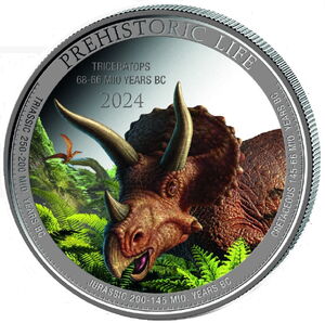 Coin: 20 Francs (Prehistoric Life - Triceratops - Color) (Congo ...