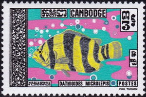 Stamp: Siamese Tigerfish (Datnioides microlepis) (Cambodia(Fish (1970 ...