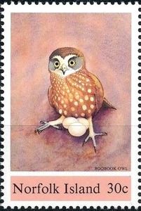Stamp: Boobook Owl (Ninox novaeseelandiae) with Eggs (Norfolk Island ...