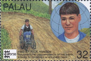 Stamp: Rick Hansen (1957-) and His Wheel Chair (Palau(International ...