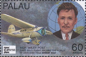 Stamp: Wiley Post (1898-1935) and Airplane "Winnie Mae" (Palau ...