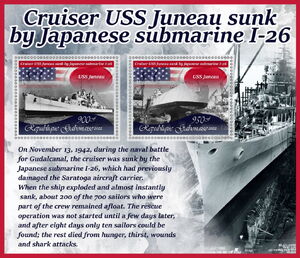 Stamp: Submarines Cruiser USS Juneau Sunk by Japanese Sub I-26 (Gabon ...