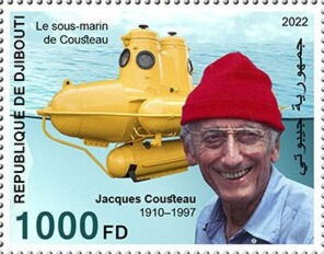 Stamp: Cousteau's Submarine - Jacques Cousteau (1910–1997) (Djibouti(25th Death Anniversary of ...