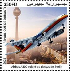Stamp: Airbus A300 flying over Berlin (Djibouti(Airbus A300, First ...