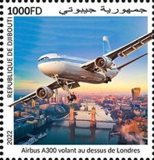 Stamp: Airbus A300 flying over London (Djibouti(Airbus A300, First ...