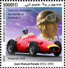 Stamp: Juan Manuel Fangio 1911–1995 - Maserati 250F (Djibouti(Formula 1 ...