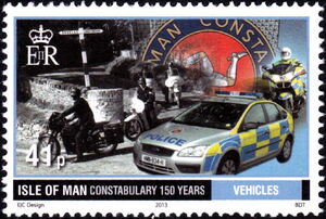 Stamp: Police Motorbikes & Car (Vehicles) (Isle of Man(150th Anniv of ...