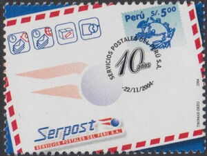 Stamp: Envelope with logo (Peru(SERPOST, 10th Anniv.) Mi:PE 1972,Sn:PE ...