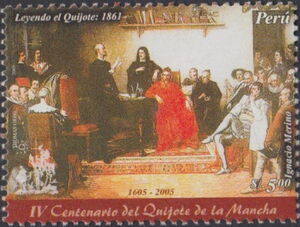 Stamp: Painting by Ignacio Merino (Peru(Publication of Don Quixote de ...