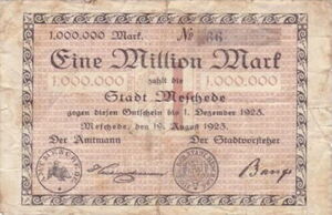 Banknote: 1 Million Mark (German Notgeld(Meschede) Kel:3527a 💴