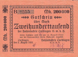 Banknote: 200,000 Mark (German Notgeld(Cordingen) Kel:896a.1