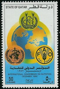 Stamp: Emblems of WHO and FAO (Qatar(International Nutrition Conference ...