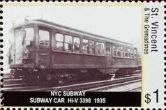 Stamp: New York subway, Hi-V 3398 subway car, 1935 (Saint Vincent and ...