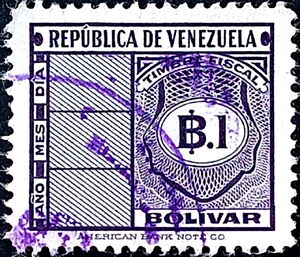 Stamp: Timbre fiscal 1 bolivar (Venezuela: Revenue Stamps(Timbre Fiscal ...