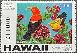 Stamp: ʻIʻiwi (Drepanis coccinea) (Hawaii: Revenue Stamps(Wildlife ...