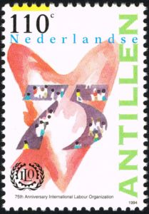 Stamp: "75" Over Heart, ILO Emblem (Netherlands Antilles(75th ...