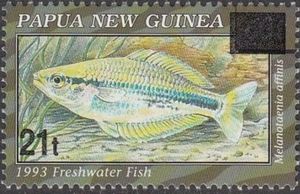 Stamp: New Guinea Rainbowfish (Melanotaenia affinis) - surcharged ...
