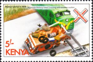 Stamp: "Approach Railway Level Crossing with extreme caution" (Kenya ...