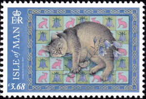 Stamp: Manx cat with Harebells and Rabbits, on Harebell Quilt (Isle of ...