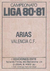 Sports Card: #308 Arias (1980-1981) (Football (soccer), Spain(1980-81 EDICIONES ESTE) Col:FS-ES ...