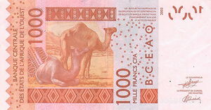 Banknote: 1,000 Francs CFA (West African States(K for Senegal) Wor:P ...