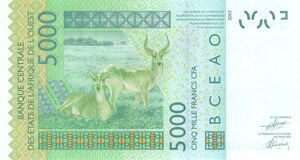 Banknote: 5,000 Francs CFA (West African States(K for Senegal) Wor:P ...