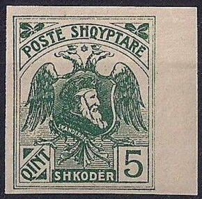 Stamp: Skanderbeg (George Castriota) and coat of arms (Albania ...