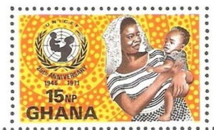 Stamp: UNICEF Emblem and Mother and child (Ghana(25th Anniversary of ...