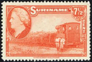 Stamp: Sugar-cane train (Suriname(Queen Wilhelmina and Landscapes) Mi ...