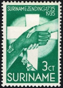 Timbre: Symbol of the Moravians (Surinam(200th anniv. of the founding ...