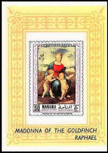 Stamp: Madonna of the Goldfinch, by Raphael (Manama(Paintings by ...