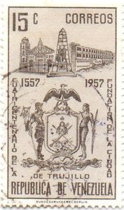 Stamp: Coat of Arms of Trujillo, Bolivar Monument and Trujillo Hote ...