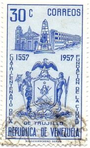 Stamp: Coat of Arms of Trujillo, Bolivar Monument and Trujillo Hote ...