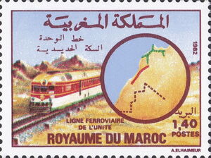 Stamp: Train, Map of the Route Network (Morocco(Railway Line of Unity ...