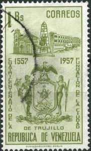 Stamp: Coat of Arms of Trujillo, Bolivar Monument and Trujillo Hote ...