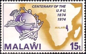 Stamp: U.P.U. Monument and map of Africa (Malawi(Centenary of Universal ...
