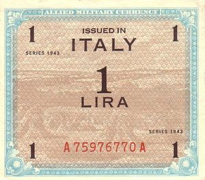 Banknote: 1 Lira (Italy(1943 Military Issue (AM Lire)) Wor:P-M10a