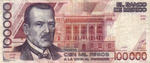 Billete de Banco: 100,000 Pesos (México) (1985-1991 Issue) Wor:P-94a.3