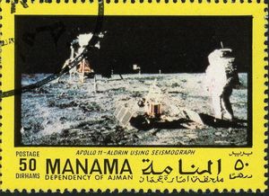 Stamp: Apollo 11 - Aldrin using seismograph (Manama(Space exploration ...