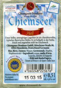 Flaschenetikett: Chiemseer Hell (Chiemgauer Brauhaus Rosenheim ...