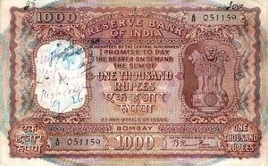 Banknote: 1,000 Rupees (India(1949-1970 ND Issue Reserve Bank of India ...