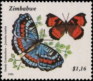 Stamp: Gaudy Commodore (Junonia octavia) (Zimbabwe(Butterflies (1992 ...