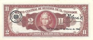 Billete de Banco: 2 Colones (El Salvador(1955-1960 "Printer W&S" Issue ...