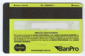 Bank Card: BanPro (Banco Provivienda, VenezuelaCol:VE-MS-0455