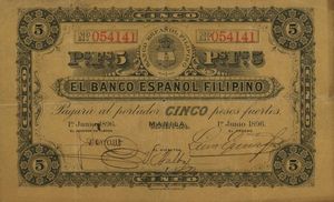 Banknote: 5 Pesos Fuertes (Philippines(1896 Issue Banco Espanol ...
