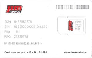 Phonecard: JIM Mobile "3G Dual carrier" (Mobile Belgium, Belgium(Jim ...