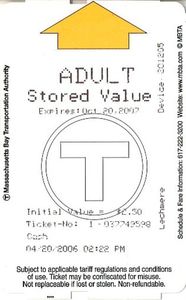 Transport Ticket: Adult Stored Value (MBTA - Massachusetts Bay ...